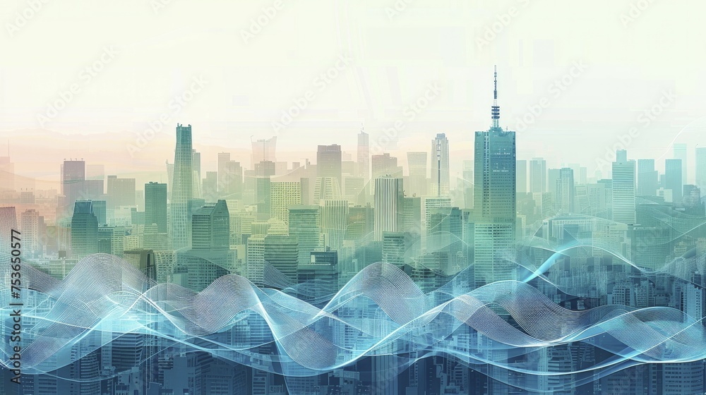 A digital image shows an urban skyline with sound waves illustrating ...