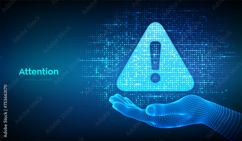 Attention symbol made with binary code in wireframe hand. Danger Sign ...