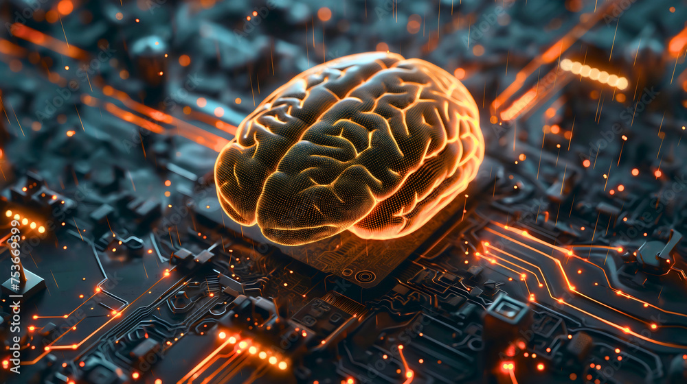 Digital 3d hologram model of the human brain over the CPU or ...
