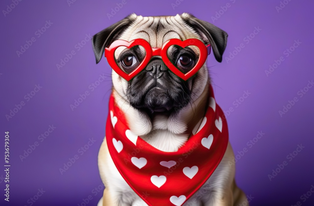 Pug, funny, cute, wearing red headscarf with white hearts, with red ...