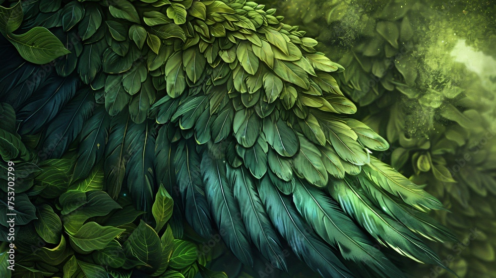 Feathers of a monstrous wing transitioning into leaves blending the ...