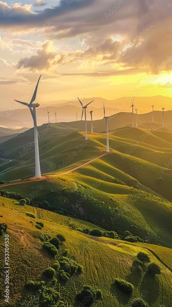 Wind turbines on a rolling hillside at sunset symbolizing renewable ...