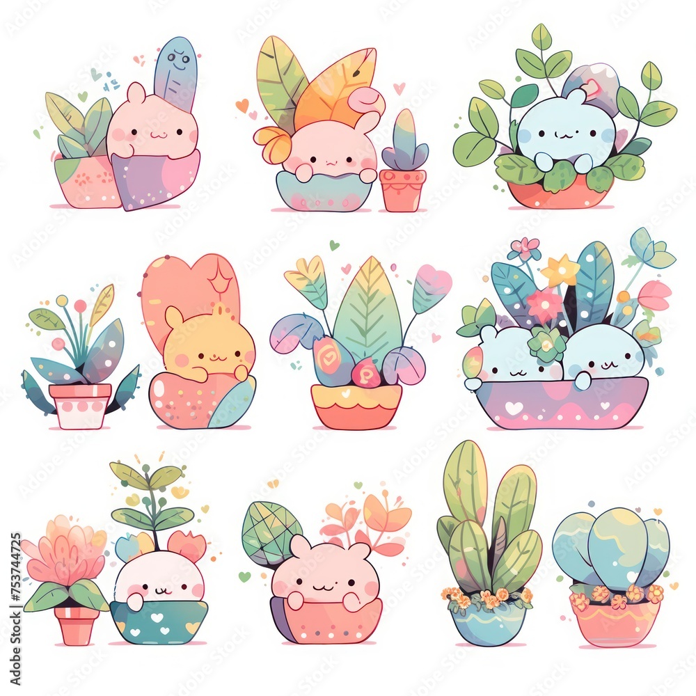 Illustration of a collection of cute, cheerful and fun cartoon plants ...