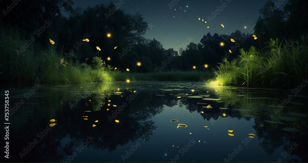 Compose an image of fireflies hovering over a serene pond in the dark ...