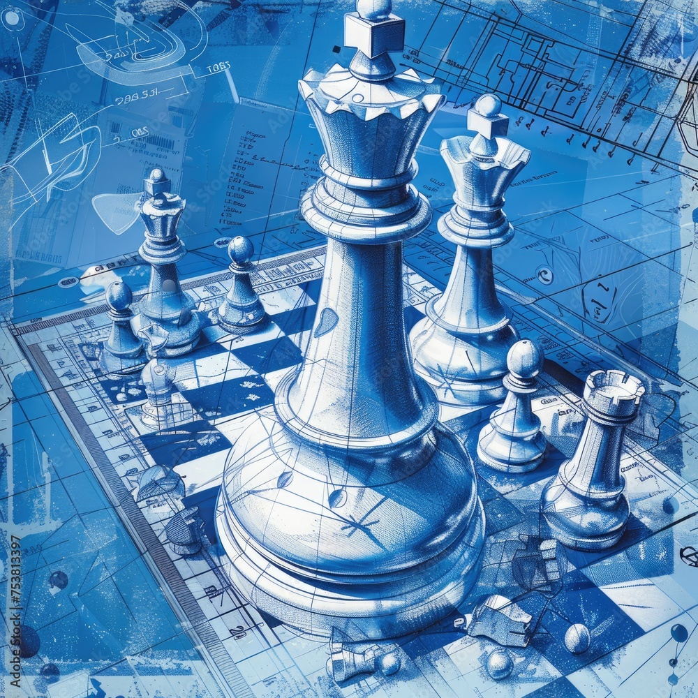 Chess pieces dominating blueprints background - Chess pieces ...