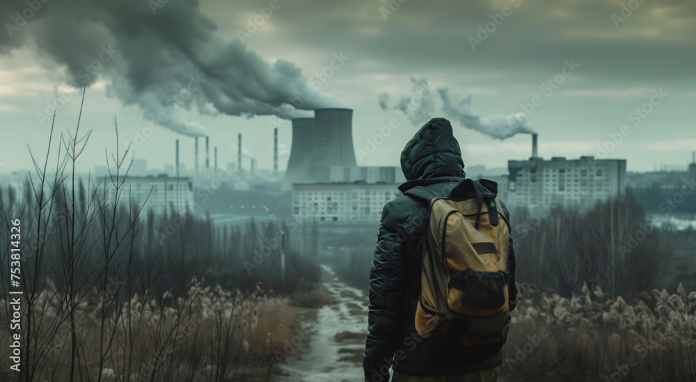 Dystopian image of a survivor of environmental collapse. Nuclear ...