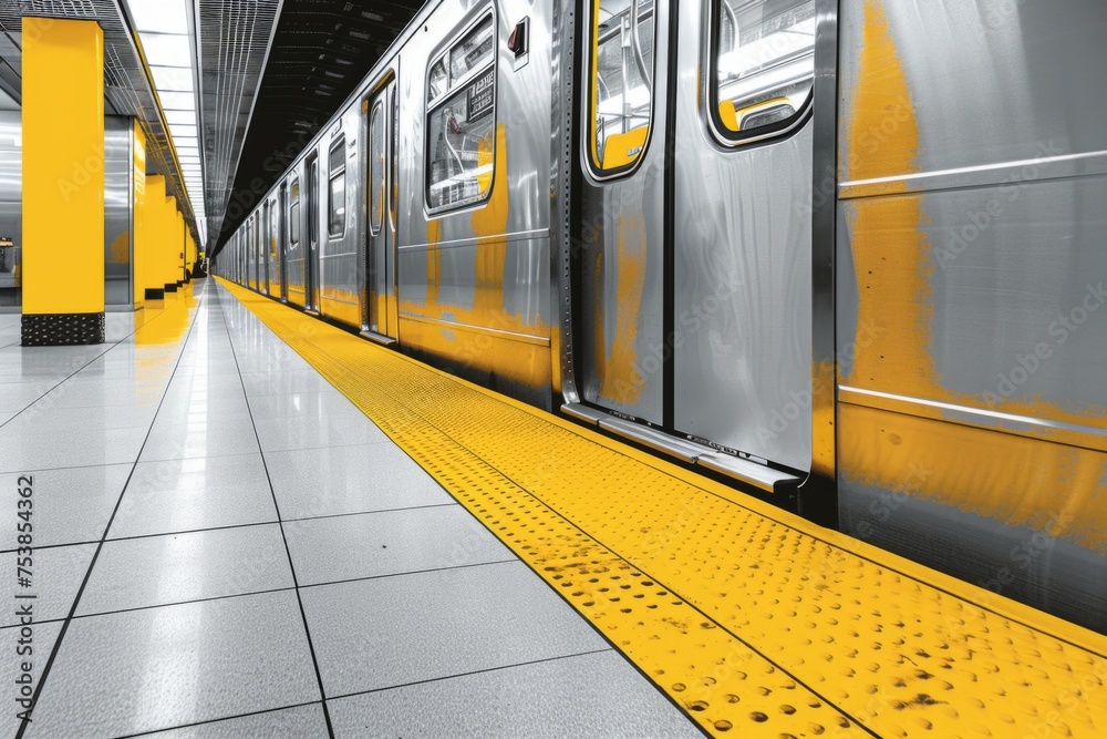 A photo of a subway train door opening at the station with its silver ...