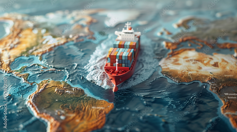 Container Ship Model in Middle of Atlantic Ocean, World Map Style ...