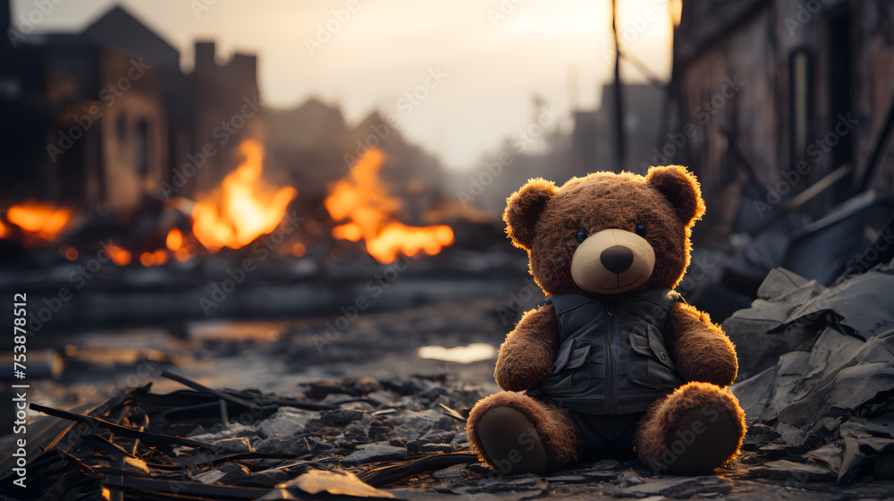 teddy bear toy over city burned destruction of an aftermath war ...