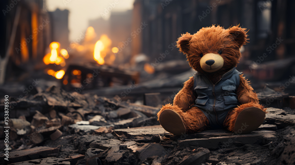 teddy bear toy over city burned destruction of an aftermath war ...