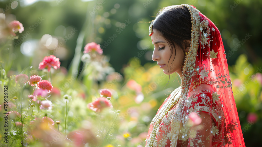 Hindu Punjabi dressed bride in gold and red wedding dress and veil ...