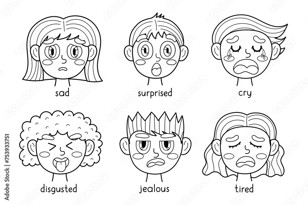 Kids emotions faces black and white collection. Different emotional expressions bundle in ...
