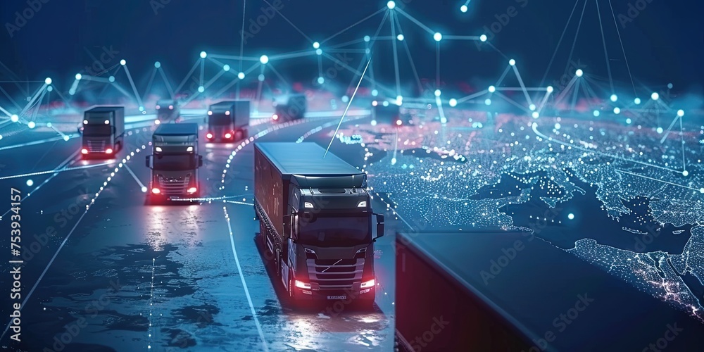 Semi-truck with cargo driving to transport delivery with digital data ...