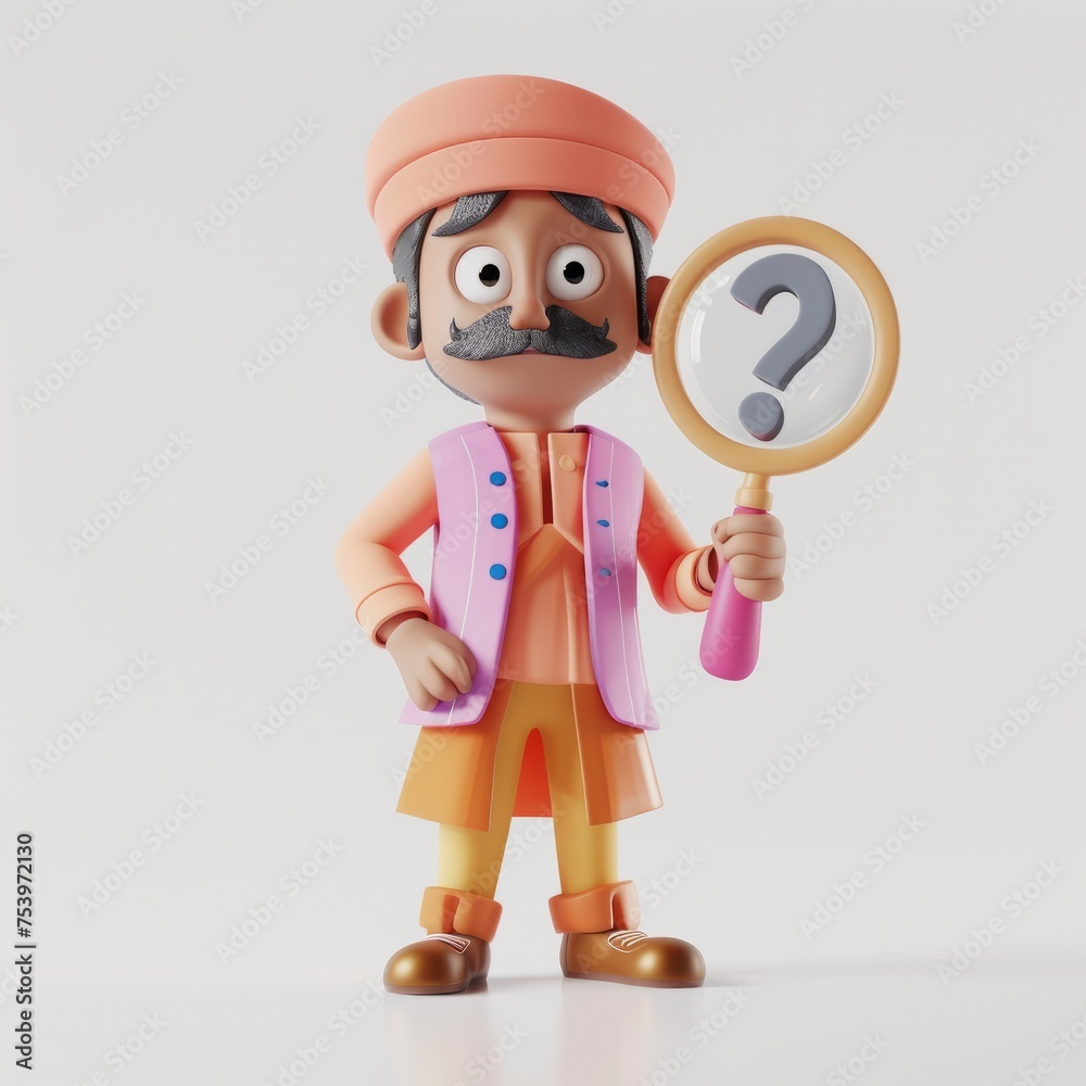 cute indian men with mustache looking in magnify glass, question mark ...