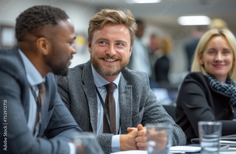 Three business men in suits stood talking and laughing together. They ...