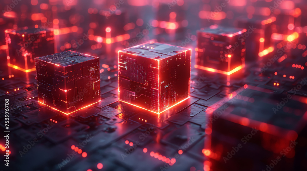 Zoomed-in image of a 3D holographic blockchain structure with digital ...