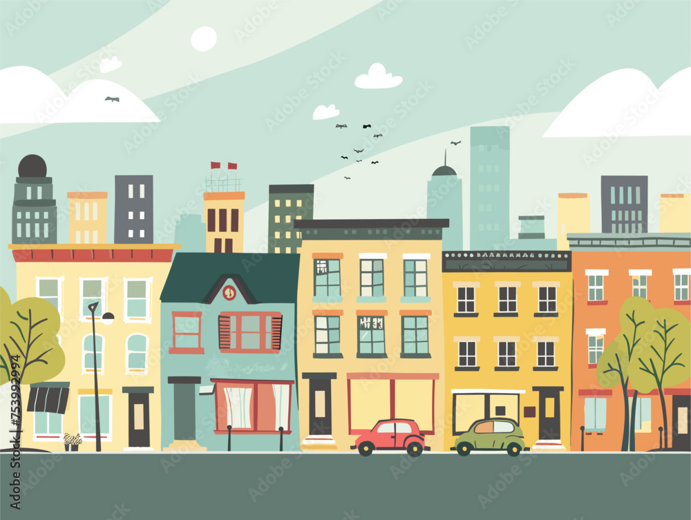 Cityscape cartoon with cars, buildings, trees, and urban design ...