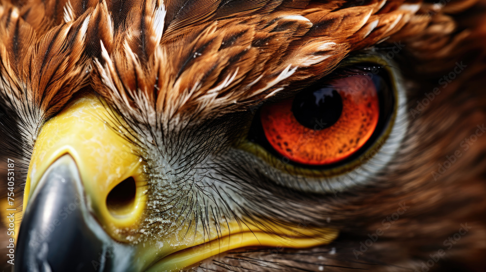macro close-up of an eagle's hawk bird face with its sharp eyes, beak ...