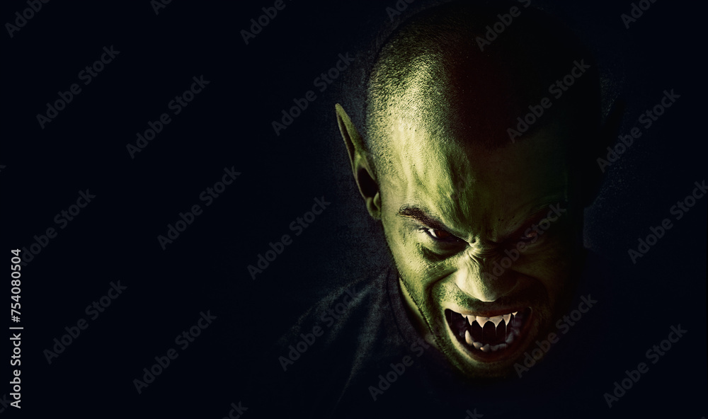 Monster, man and devil face in studio for fantasy, horror and angry ...