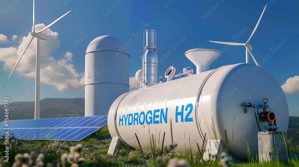 Hydrogen gas tanks, solar panels, wind turbines, clean energy storage ...