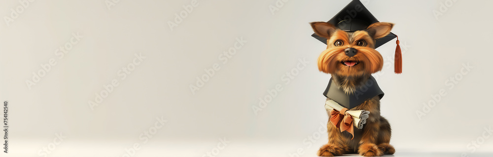 full body of cute standing dog wearing mortarboard and holding diploma ...