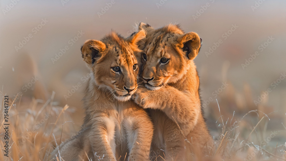 Lion cubs playfully wrestling, a tender moment in the wild, hinting at ...