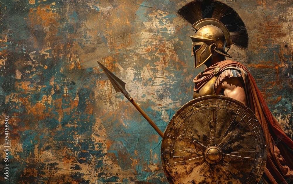 Spartan king demigod, clad in golden armor, wields spear and shield ...