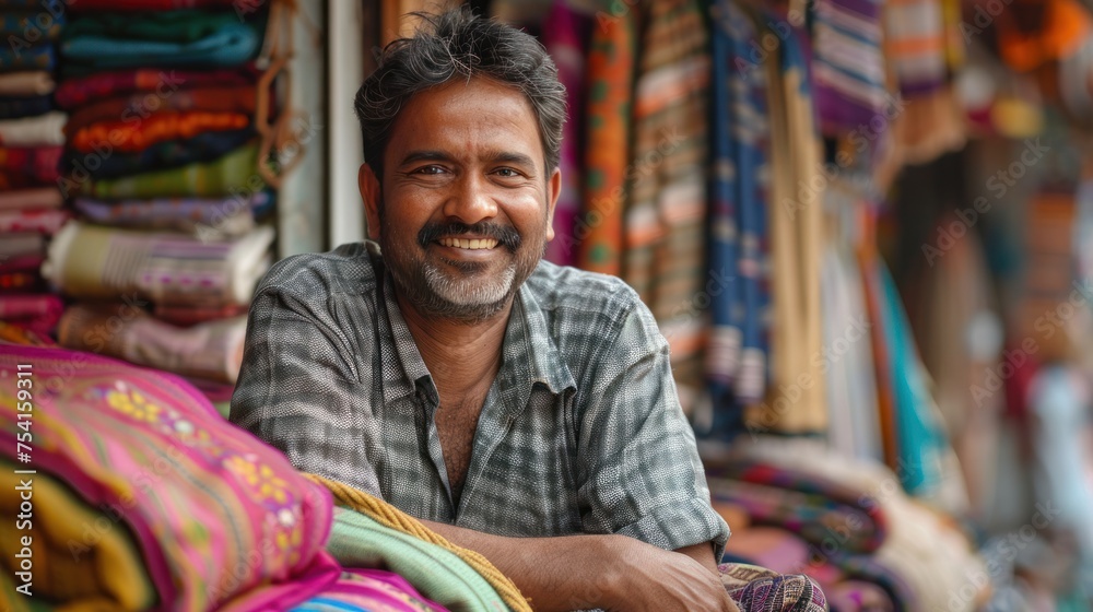Happy Indian cloth merchant or clothing store owner sitting in shop ...