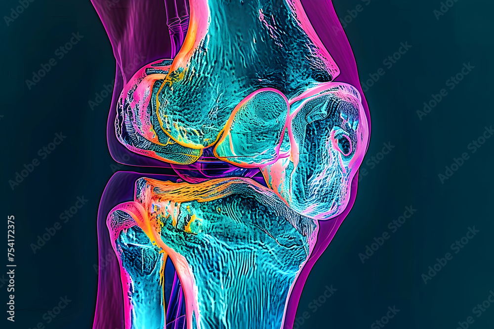 Colorful illustration of MRI scan of the human knee from a frontal perspective, focusing on the ...