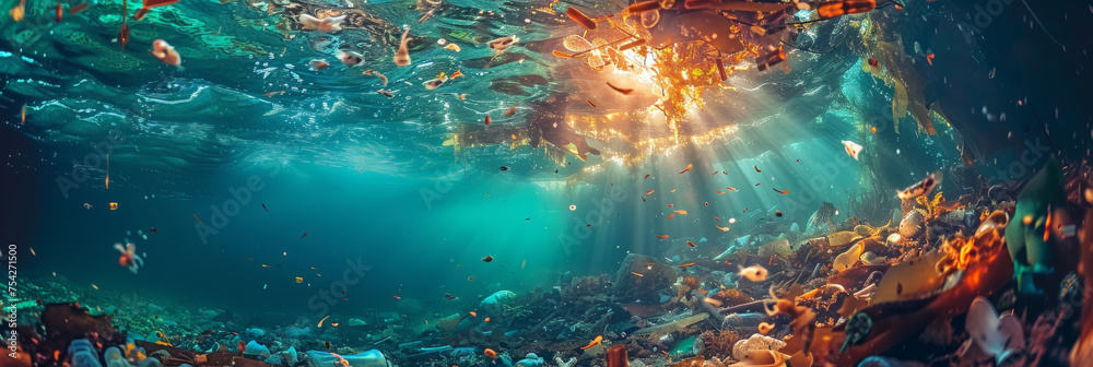 An underwater view of plastic waste floating in the ocean ...
