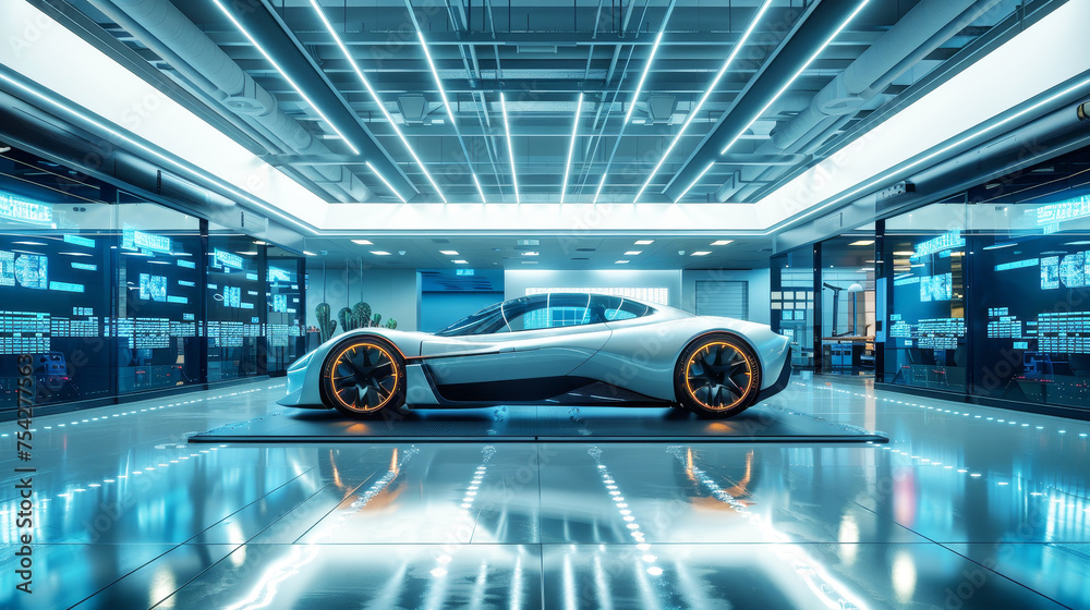 Futuristic concept car displayed in a high-tech showroom. 3D render of ...