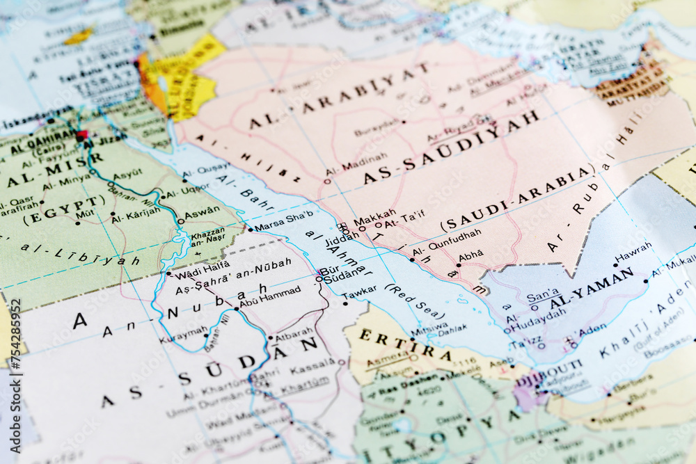 Closeup macro view of Sinai Peninsul, the Gulf of Aqaba and Gulf of ...