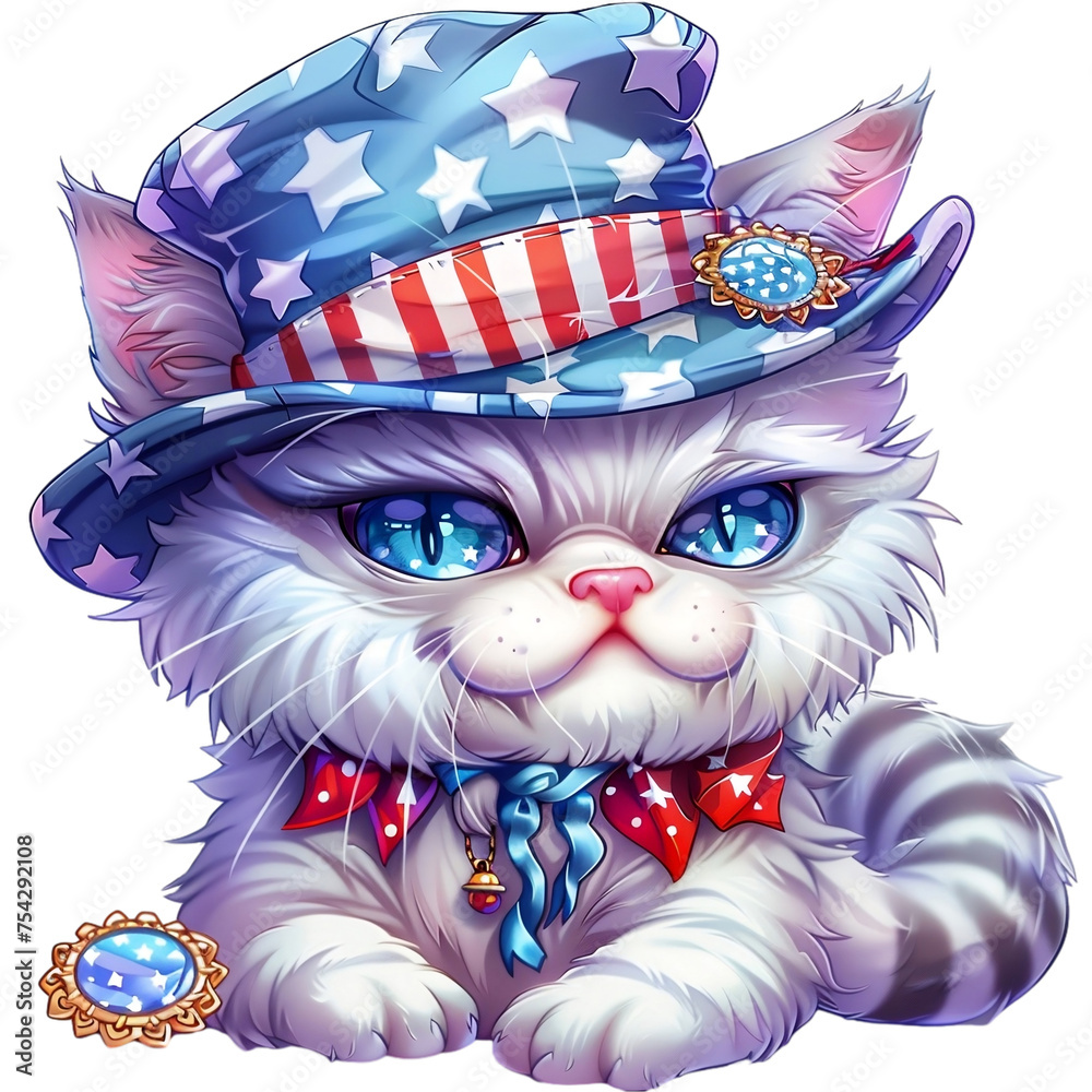 Grumpy cartoon American cat in a cylinder hat isolated on transparent ...