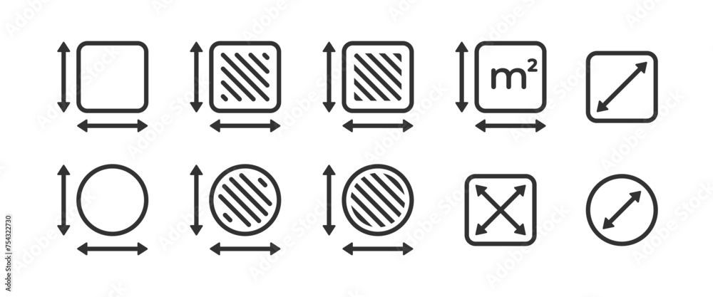 Square meter icon. Dimension area sign. Square, circle size space ...