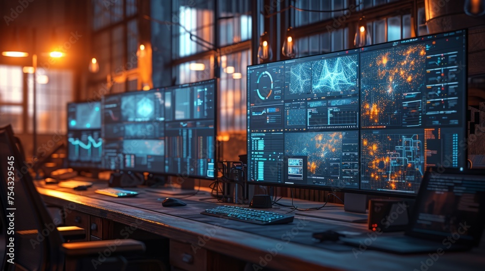 Control Room Monitors Displaying Industrial Process Diagrams Stock ...