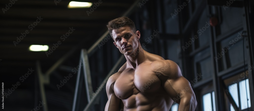 A strong and muscular bodybuilder is standing shirtless, striking a ...