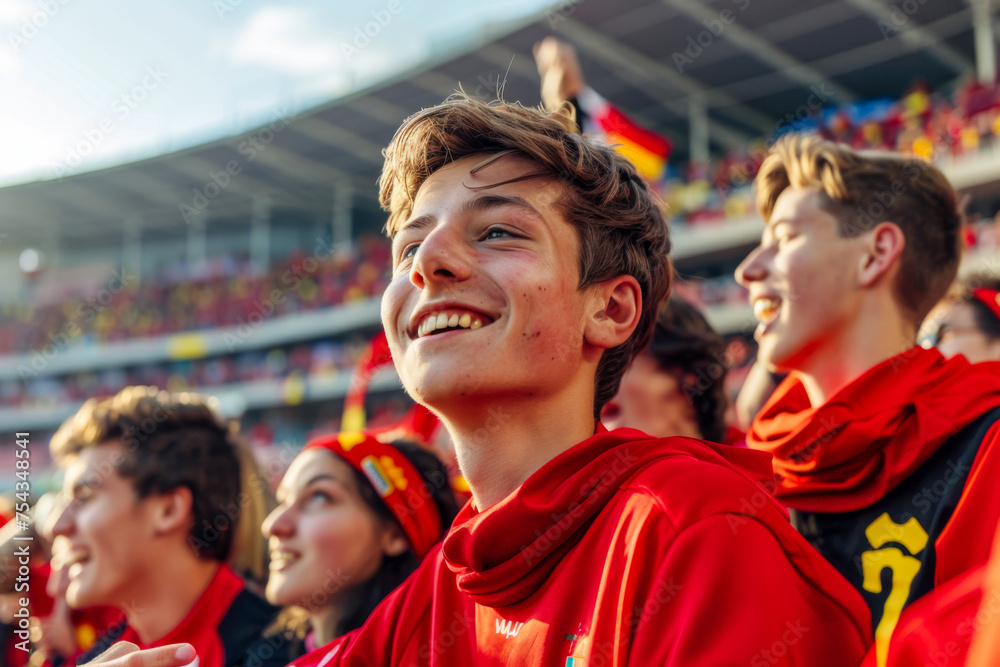 Belgian football soccer fans in a stadium supporting the national team ...