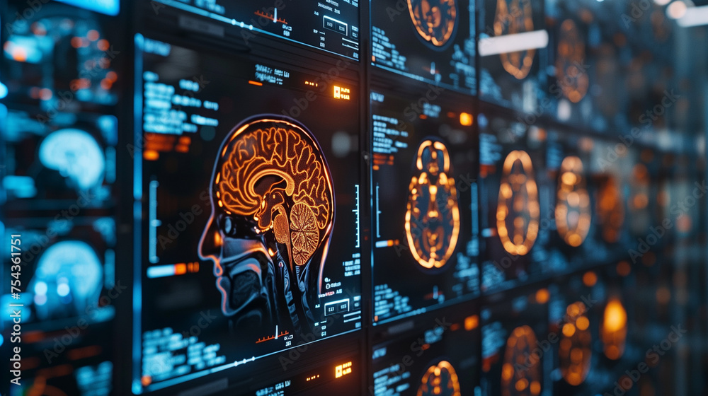 Photo Stock Human head on CT scan with brain background. Overlay on old ...