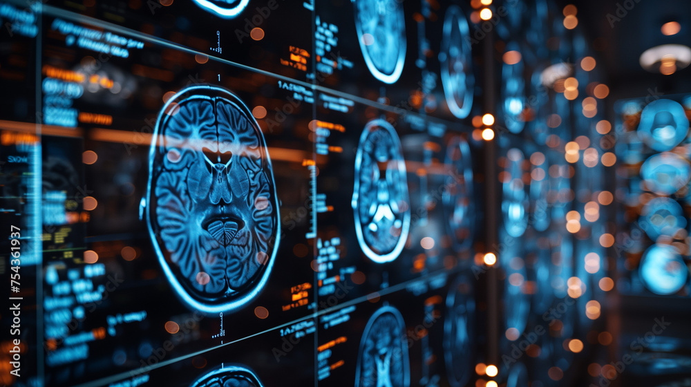 Photo Stock Human head on CT scan with brain background. Overlay on old ...