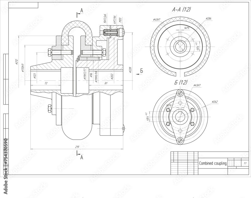 Assembly drawing of combined coupling. Vector cad scheme of steel ...