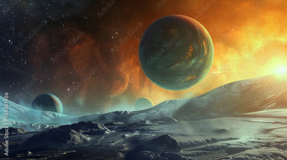 Icy Alien Planet with Multiple Moons and Orange Sky, To provide a ...