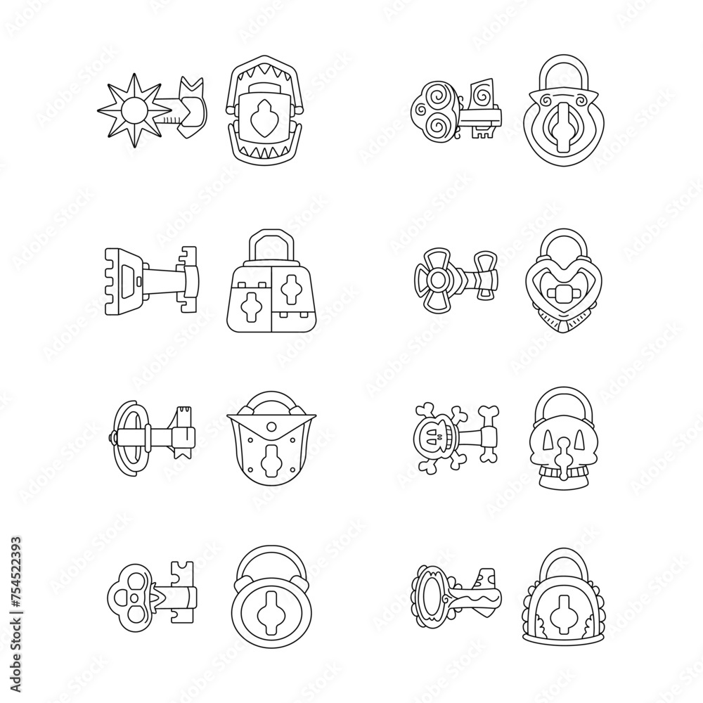 Keys and locks vector linear icons for graphics and for games. Middle ...