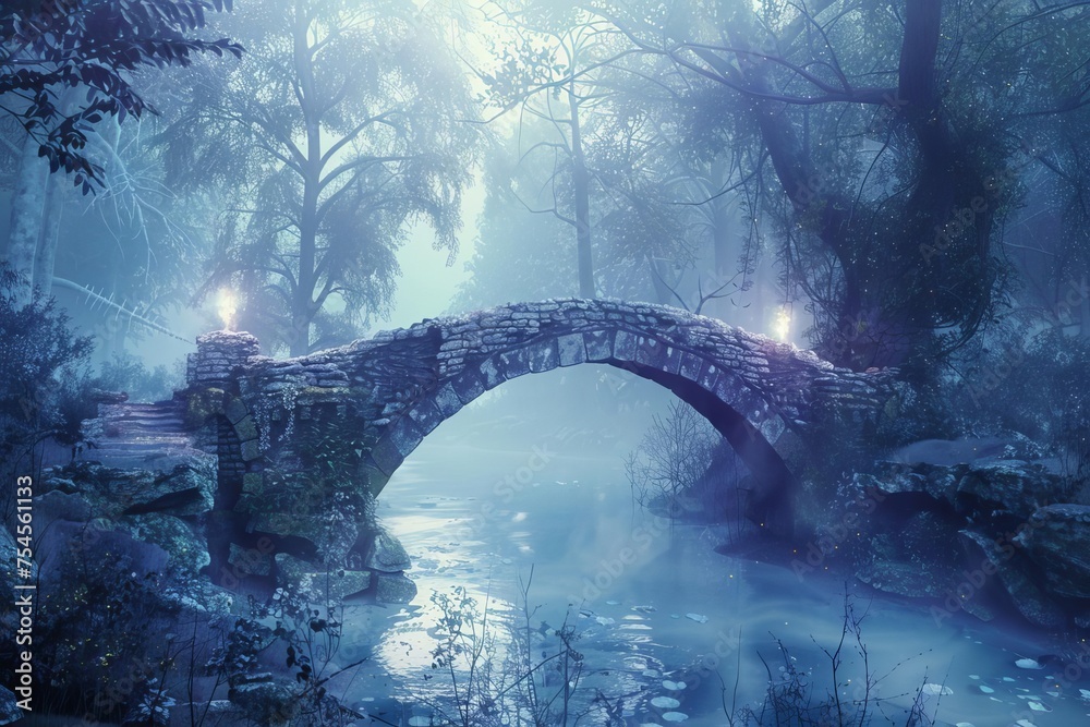 Enchanted forest scene with a mystical stone bridge shrouded in fog ...