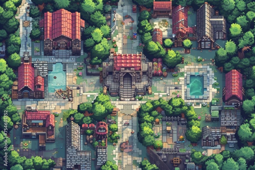 Стоковая иллюстрация «Pixelated village for game map. pixel map in the ...