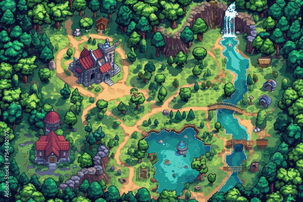 Pixelated village for game map. pixel map in the game. pixelated ...