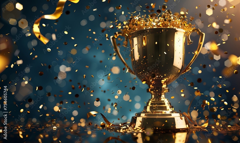 Trophy cup. Gold first place winners trophy with falling confetti and ...