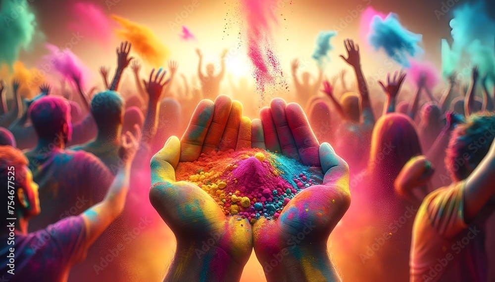 Realistic illustration celebrating the holi with two hands in focus ...