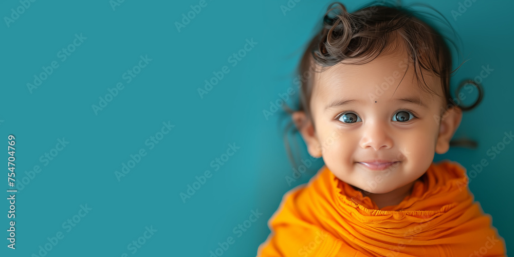 Small cute smiling indian girl with bindi over teal background. Banner ...