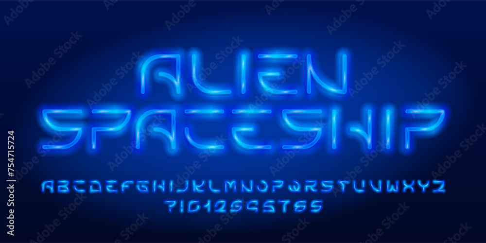 Alien Spaceship alphabet font. Neon color futuristic letters and ...