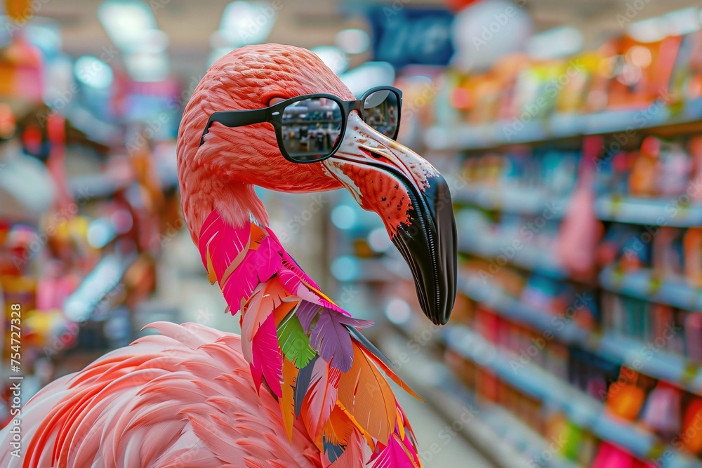 A flamboyant flamingo in vivid attire and sunglasses shopping at a mall ...